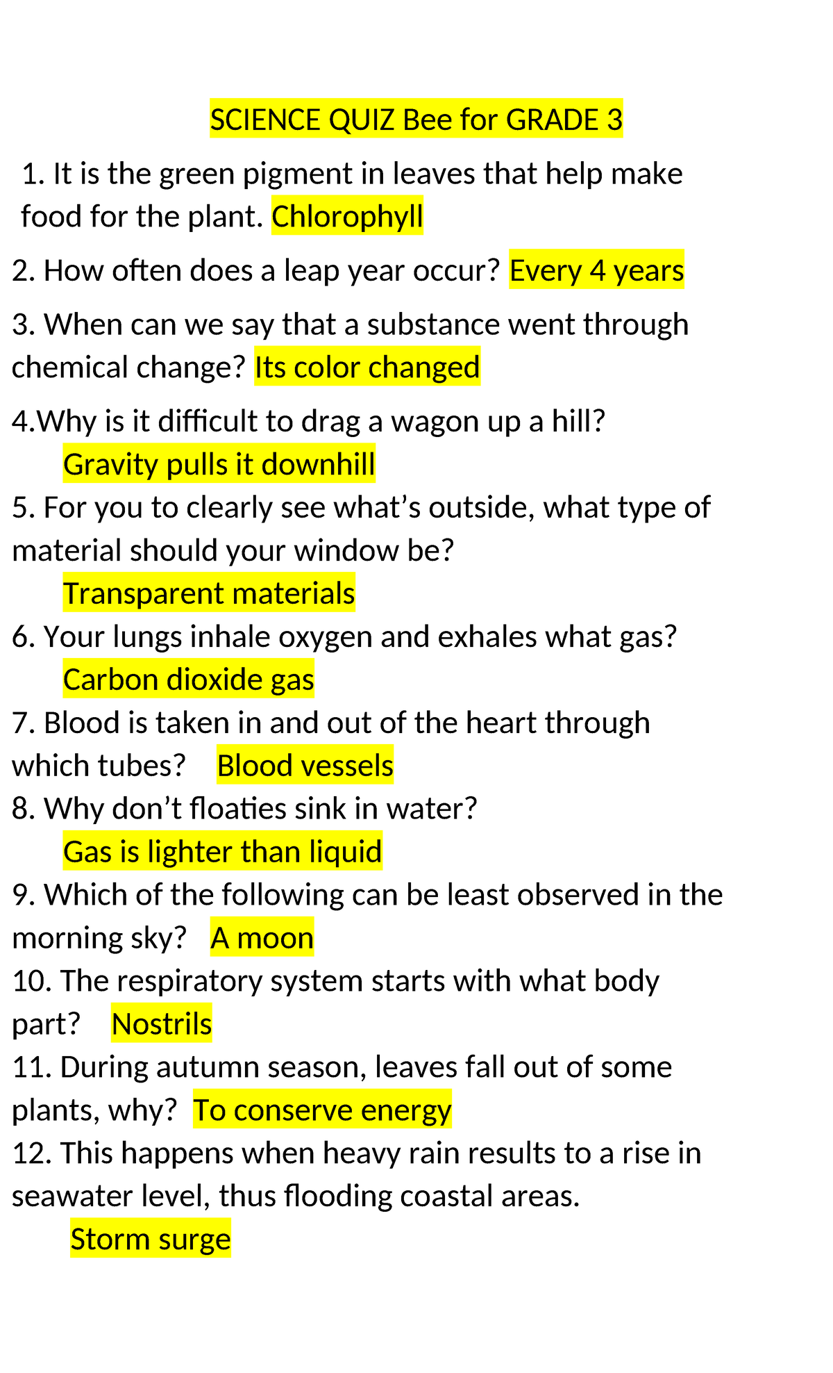 Science QUIZ B FOR Grade 3 - SCIENCE QUIZ Bee for GRADE 3 It is the ...