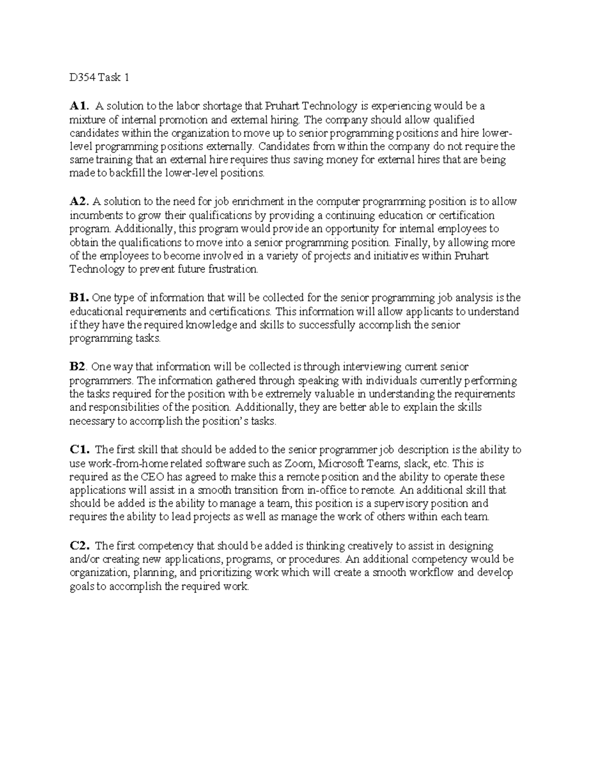 Talent Acquisition Task 1 - D354 Task 1 A1. A solution to the labor ...