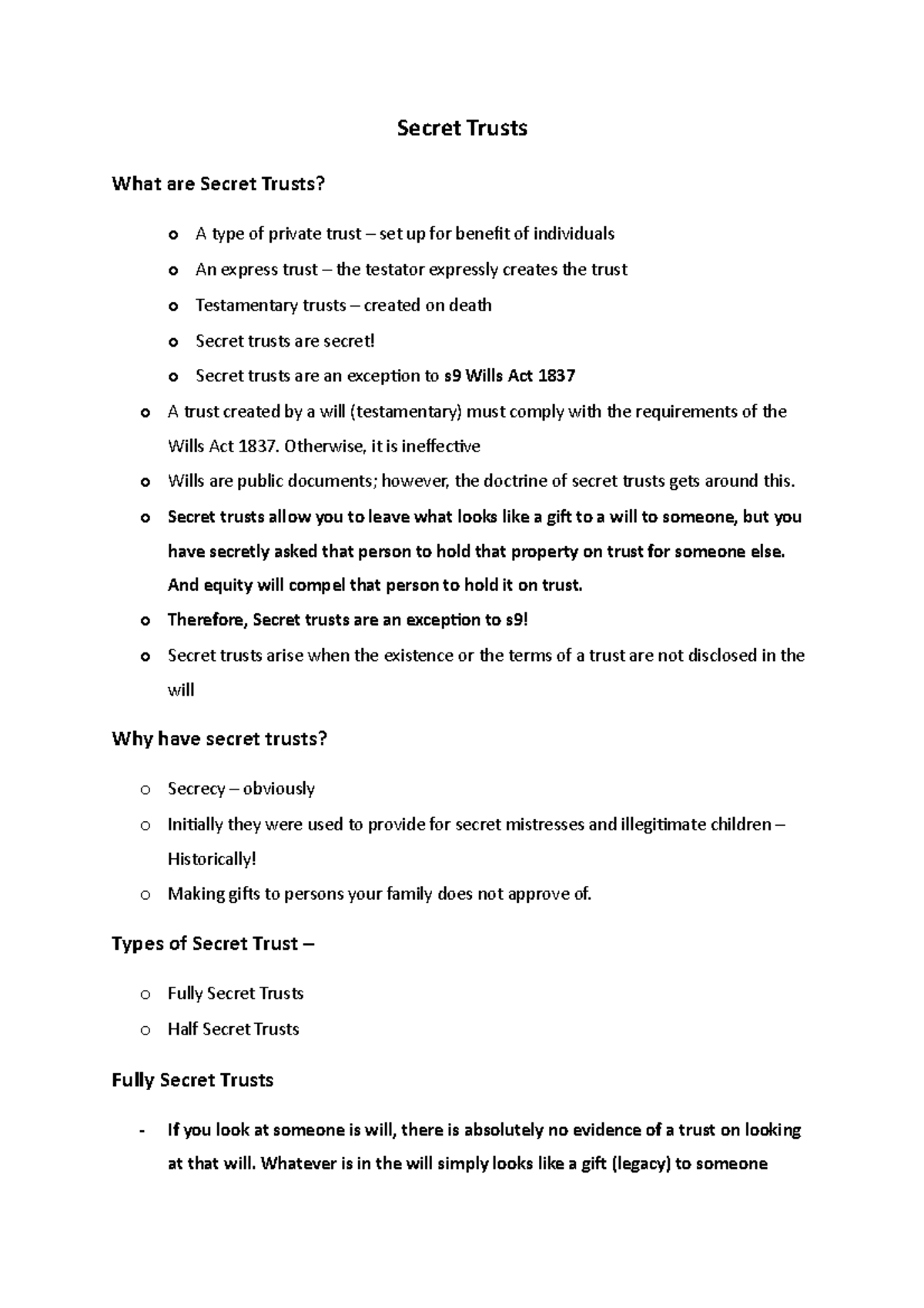 Secret Trusts Revision Notes - Secret Trusts What are Secret Trusts? o ...