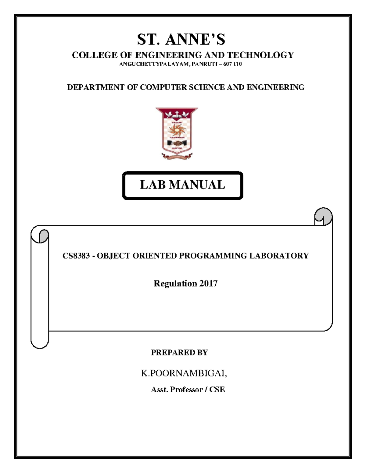 CS8383- Object Orientedprogramminglaboratory-516613014-lab manual - ST ...