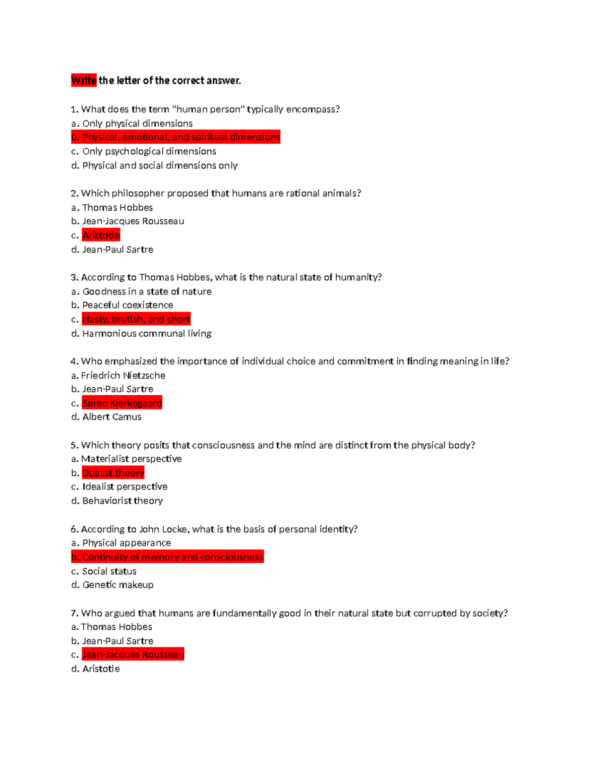 Human Nature Multiple Choice Test edited - Write the letter of the ...