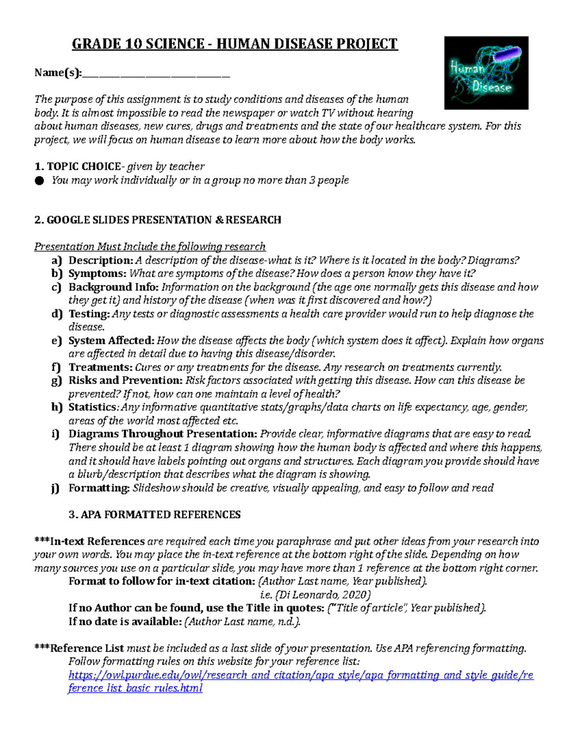 SNC2D Human Disease Project 2021 2022 - GRADE 10 SCIENCE - HUMAN ...