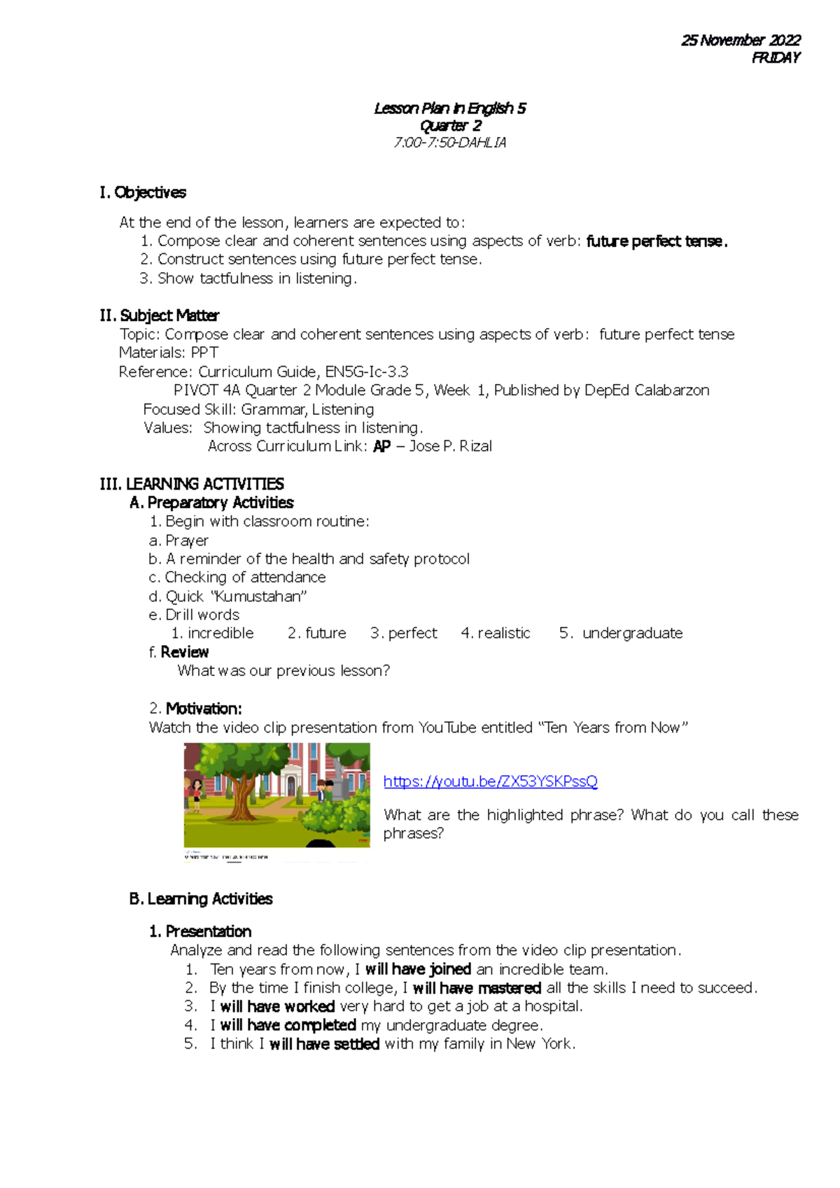 DLP-NOV.-24 Future Perfect Tense - 25 November 2022 FRIDAY Lesson Plan ...