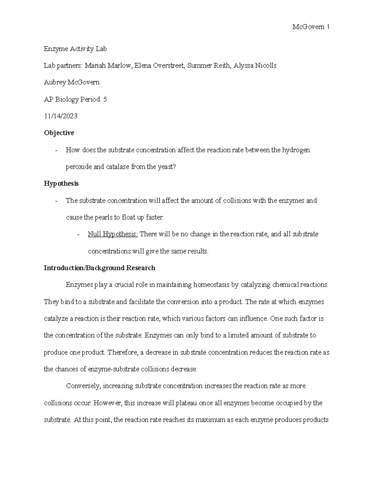 Enzyme Activity Lab - lab write up - Enzyme Activity Lab Lab partners ...