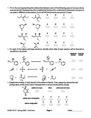 Exam 1 - Blank Version - organic chemistry exam 1 practice exam - NAME ...