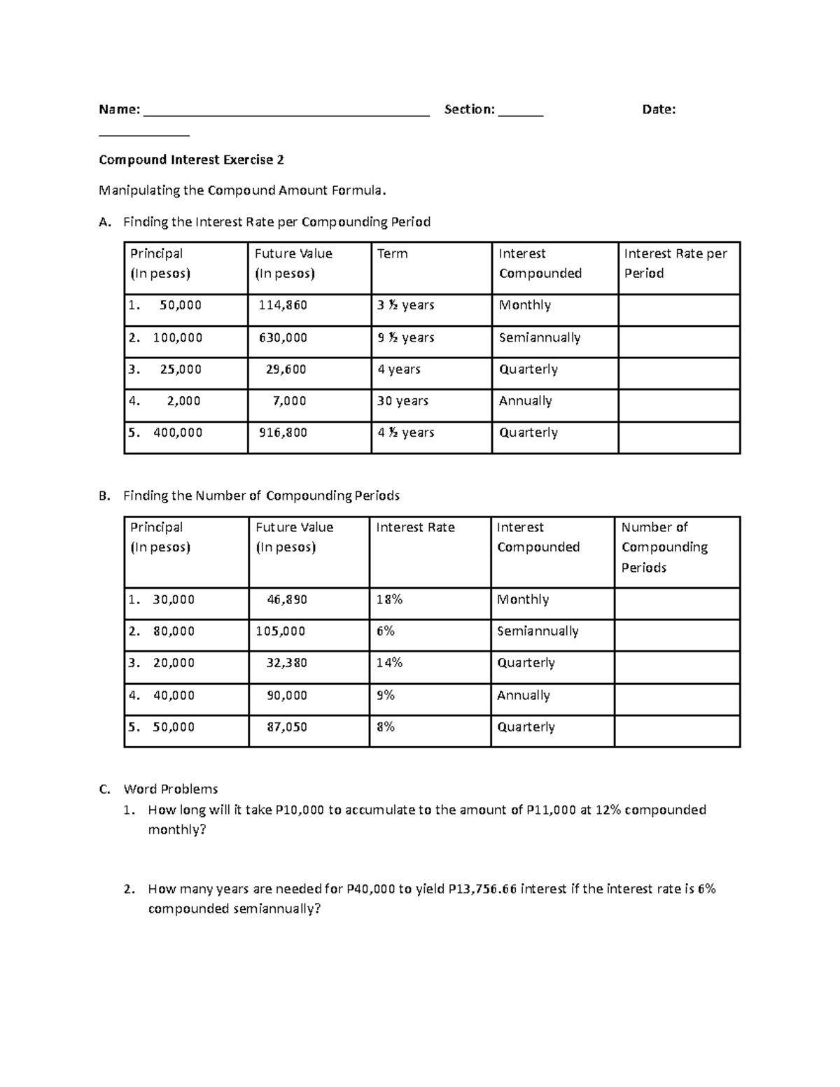 Compound Interest Exercise 2 - Name ...