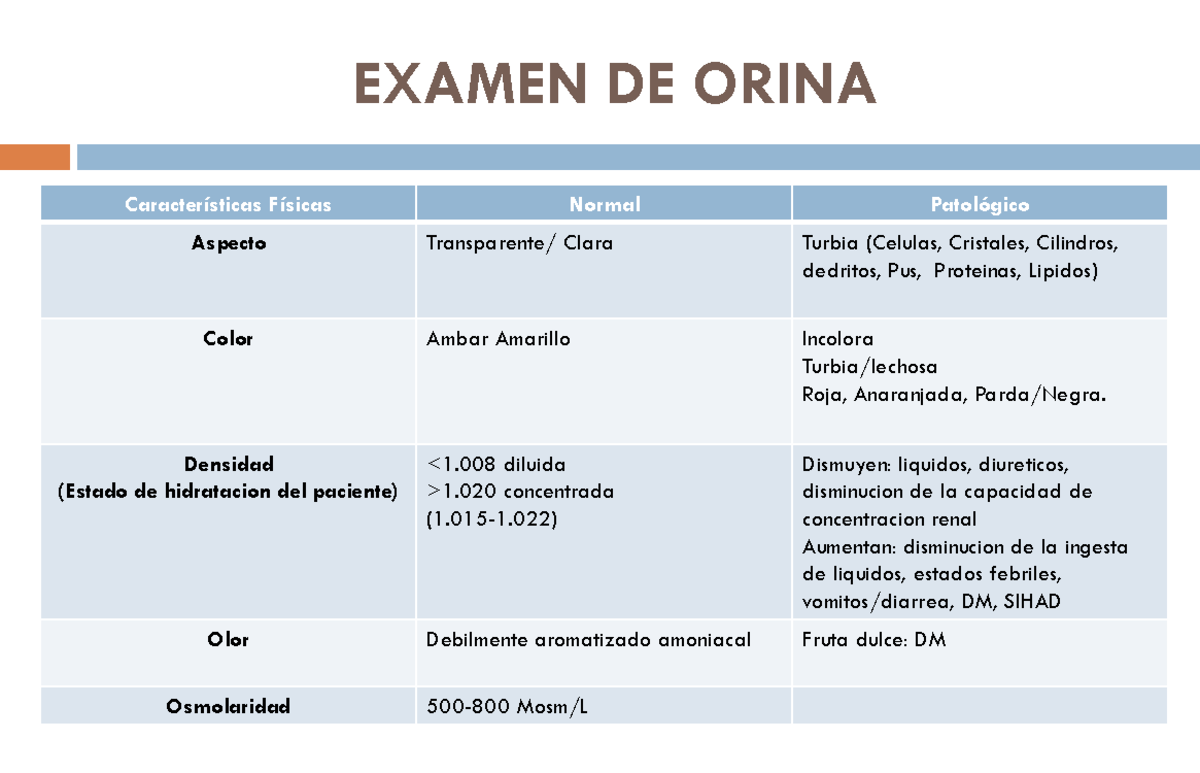 EXAMEN GENERAL DE ORINA - Características Físicas Normal Patológico ...