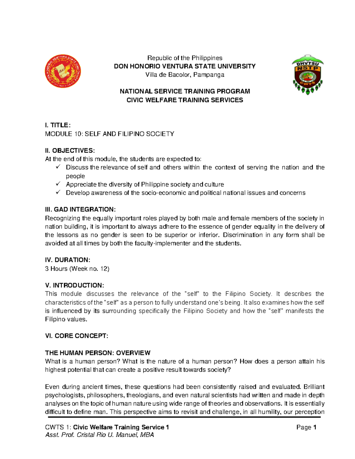 SELF AND Filipino Society - Civic Welfare Training Service - DHVSU ...