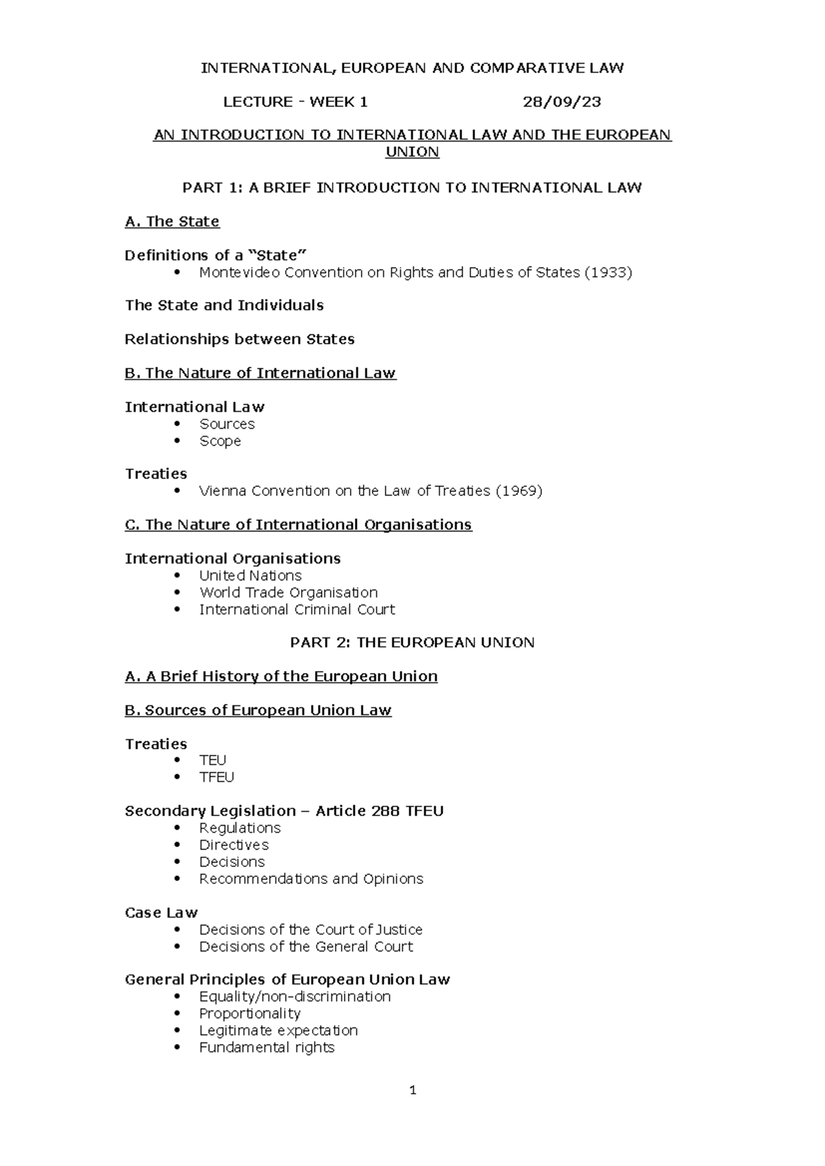 Lecture 1 - introduction - INTERNATIONAL, EUROPEAN AND COMPARATIVE LAW ...