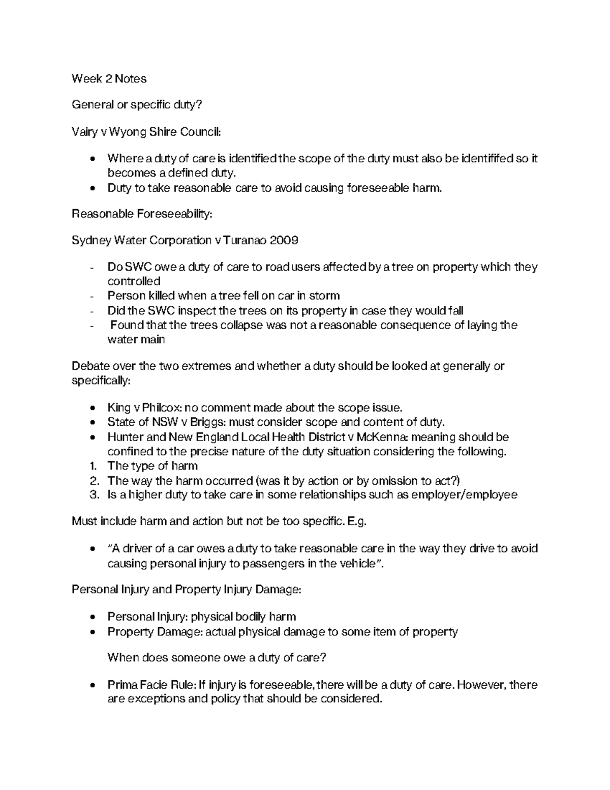Week 2 Notes - Week 2 Notes General or specific duty? Vairy v Wyong ...