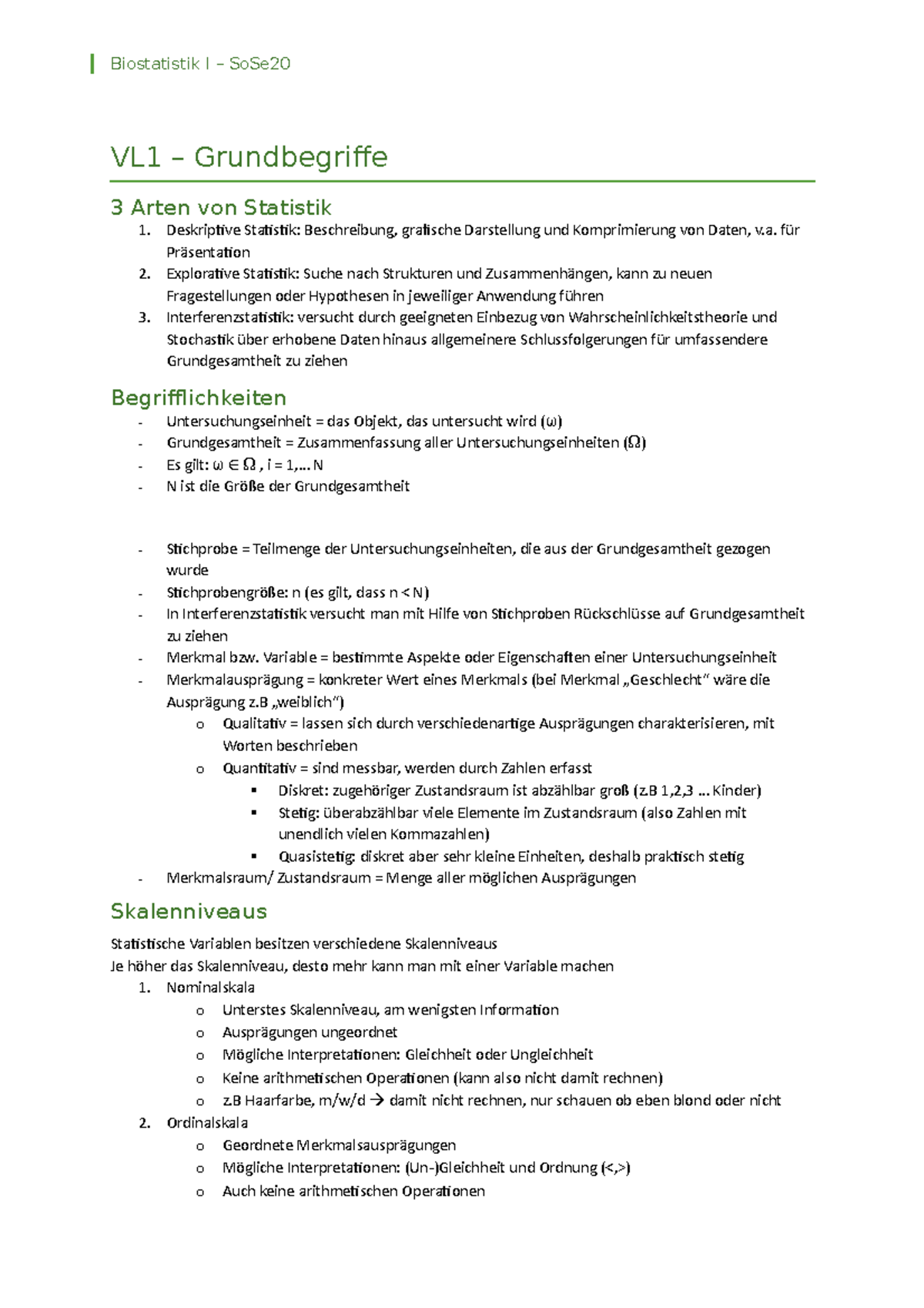 Zusammenfassung Biostatistik - VL1 – Grundbegriffe 3 Arten von ...