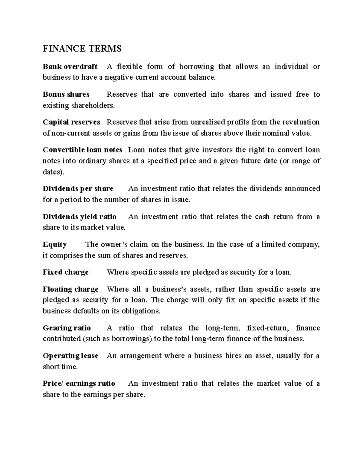 Finance Terms - FINANCE TERMS Bank overdraft A flexible form of ...