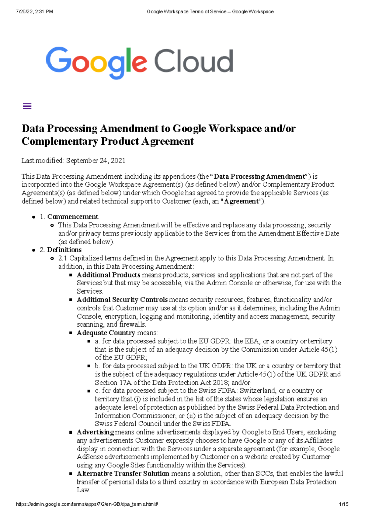 Google Workspace Terms of Service – Google Workspace - Data Processing ...