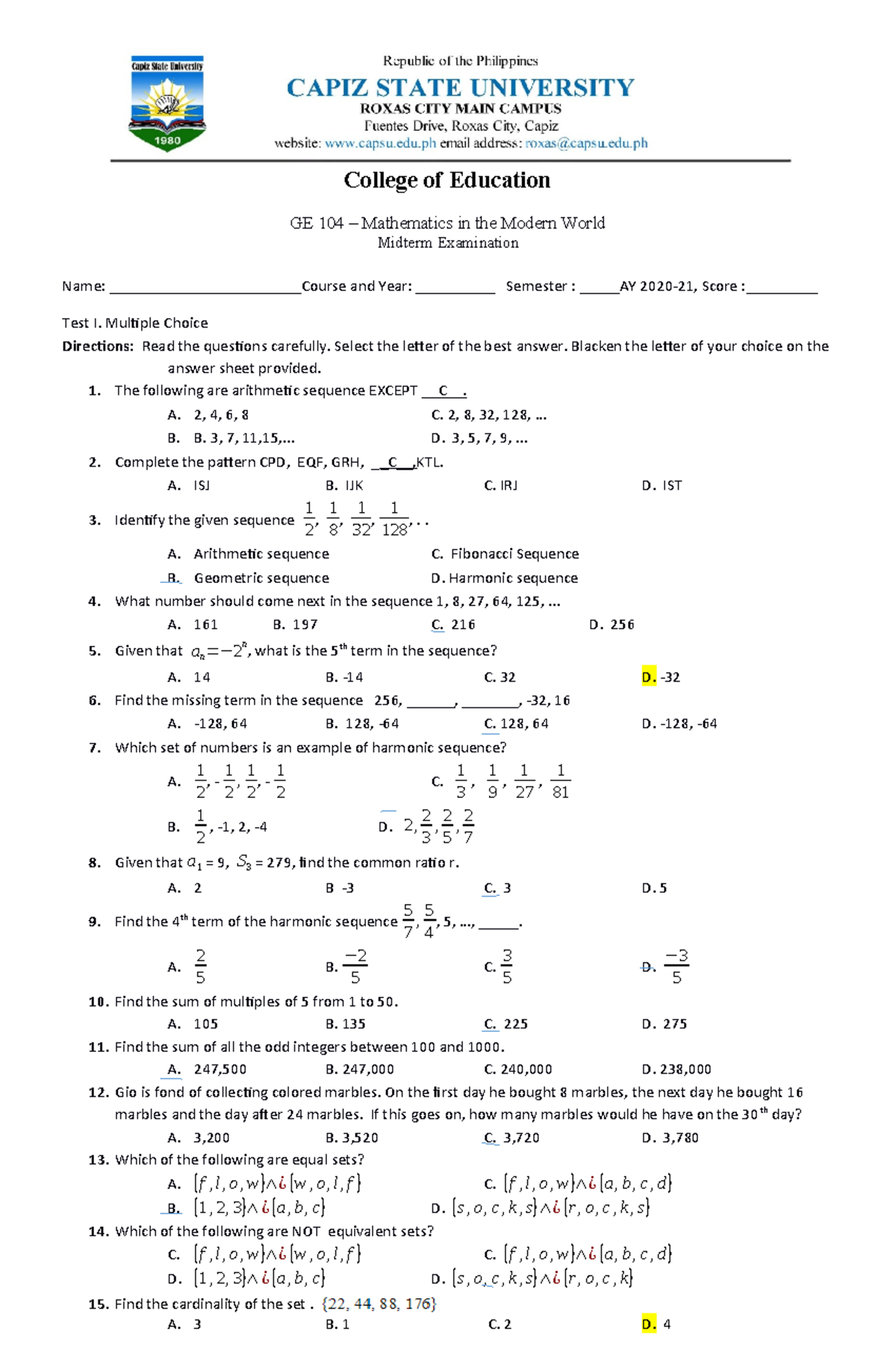 Ge 104 midterm exam bsed - College of Education GE 104 – Mathematics in ...