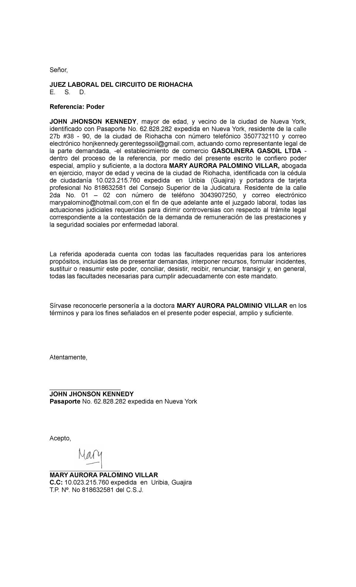 Poder amplio y suficiente de Procesal Laboral colombiano - Señor, JUEZ ...