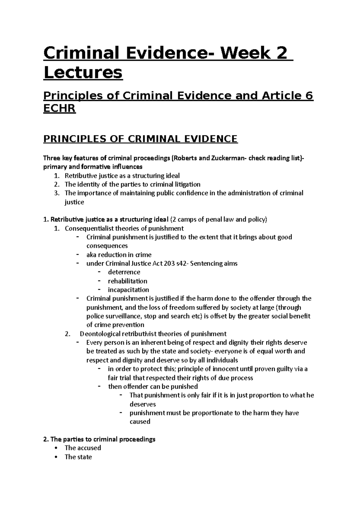 CE Week 2 lecture notes - Criminal Evidence- Week 2 Lectures Principles ...