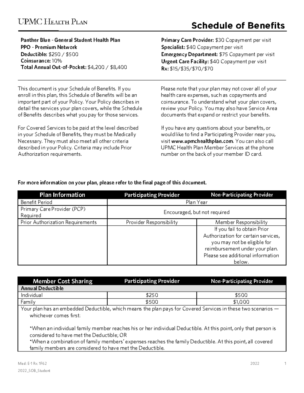 Panther Blue General Student Health Plan Summary of Coverage - Med: E-1 ...