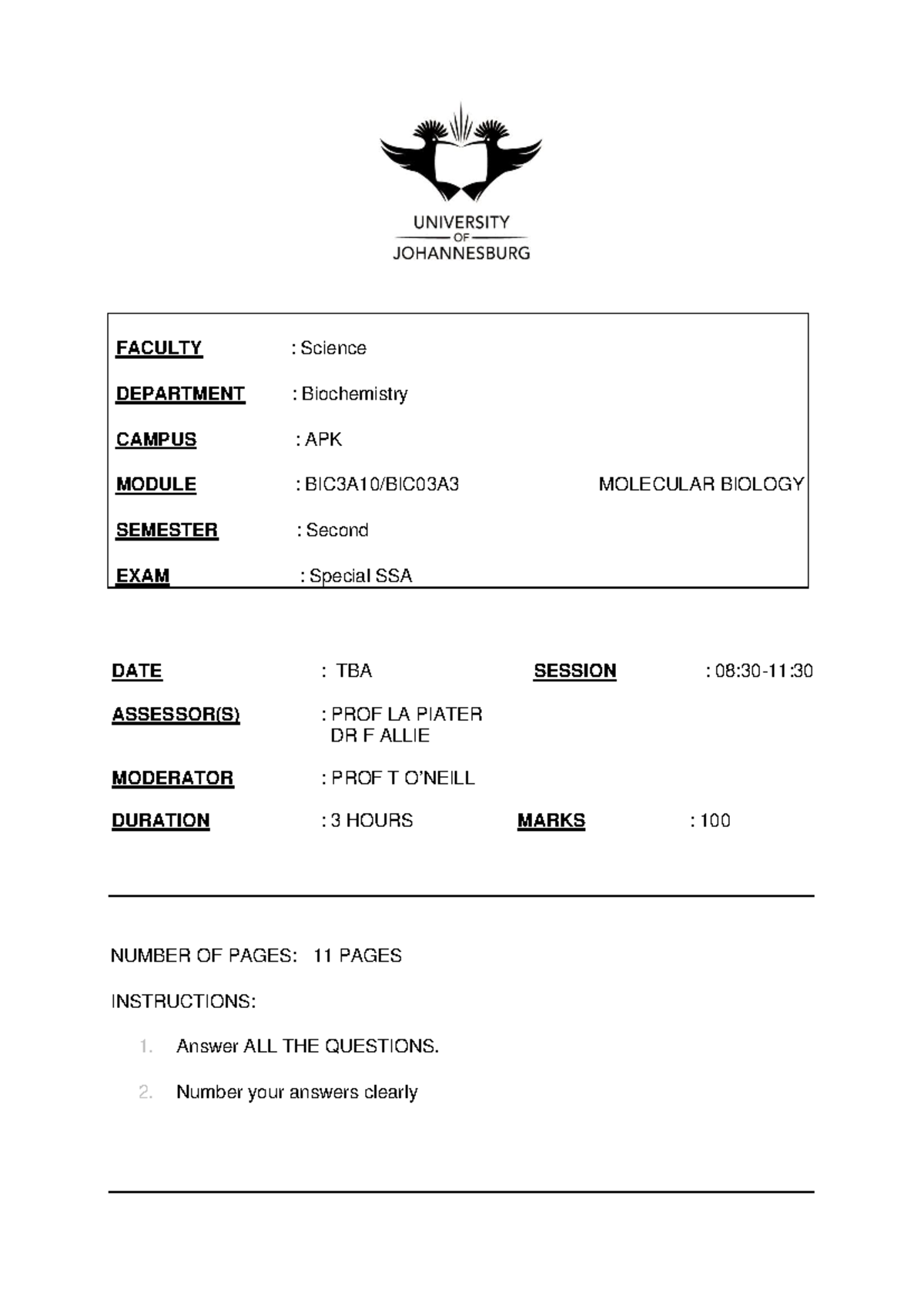 Paper 3 - SPECIAL SSA MODULE CODE: BIC3A10/BIC03A3 - 2 - FACULTY ...