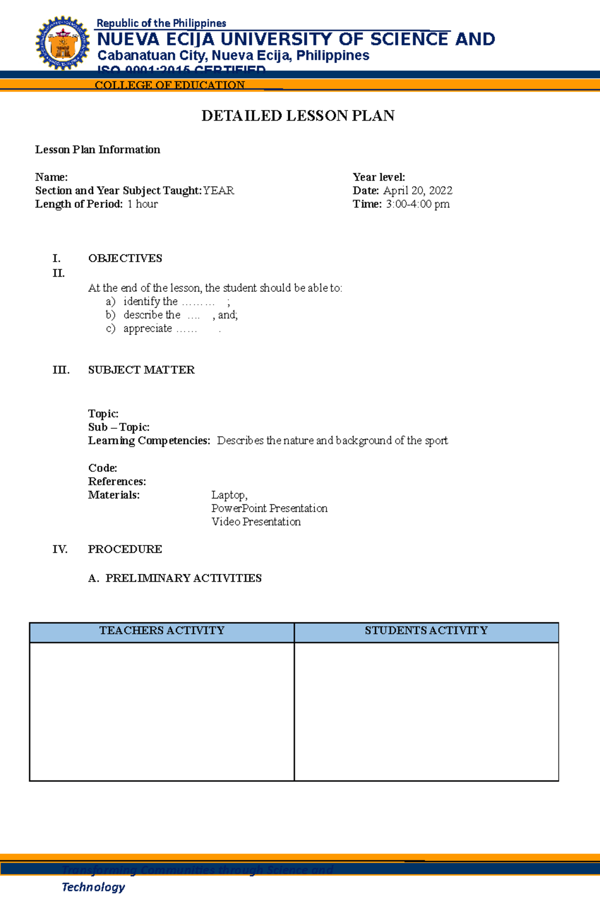Detailed Lesson PLAN Guide Detailed Lesson PLAN Guide Detailed Lesson ...