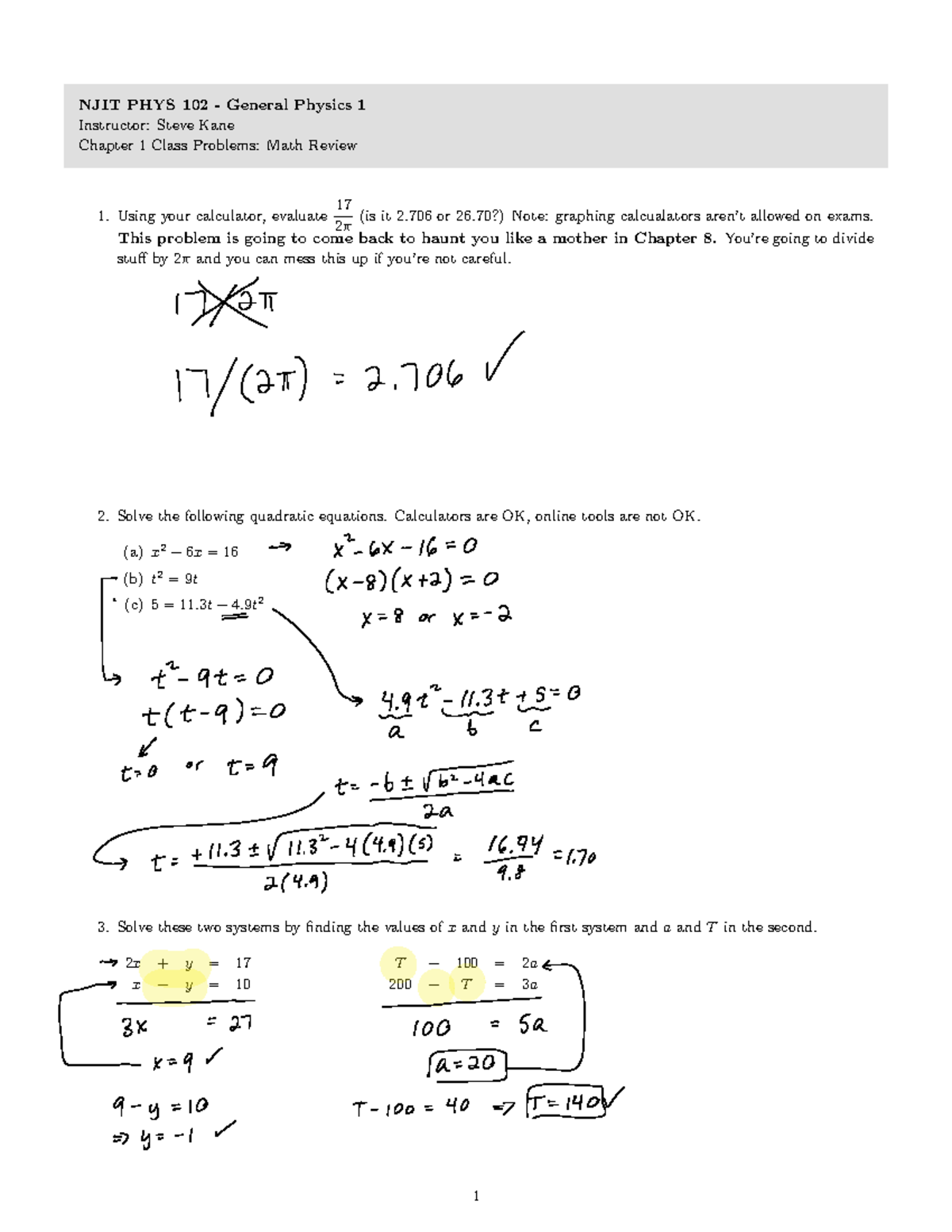 Ch 01 in class problems 102 FULL PAGE full solutions - NJIT PHYS 102 - General Physics 1 ...