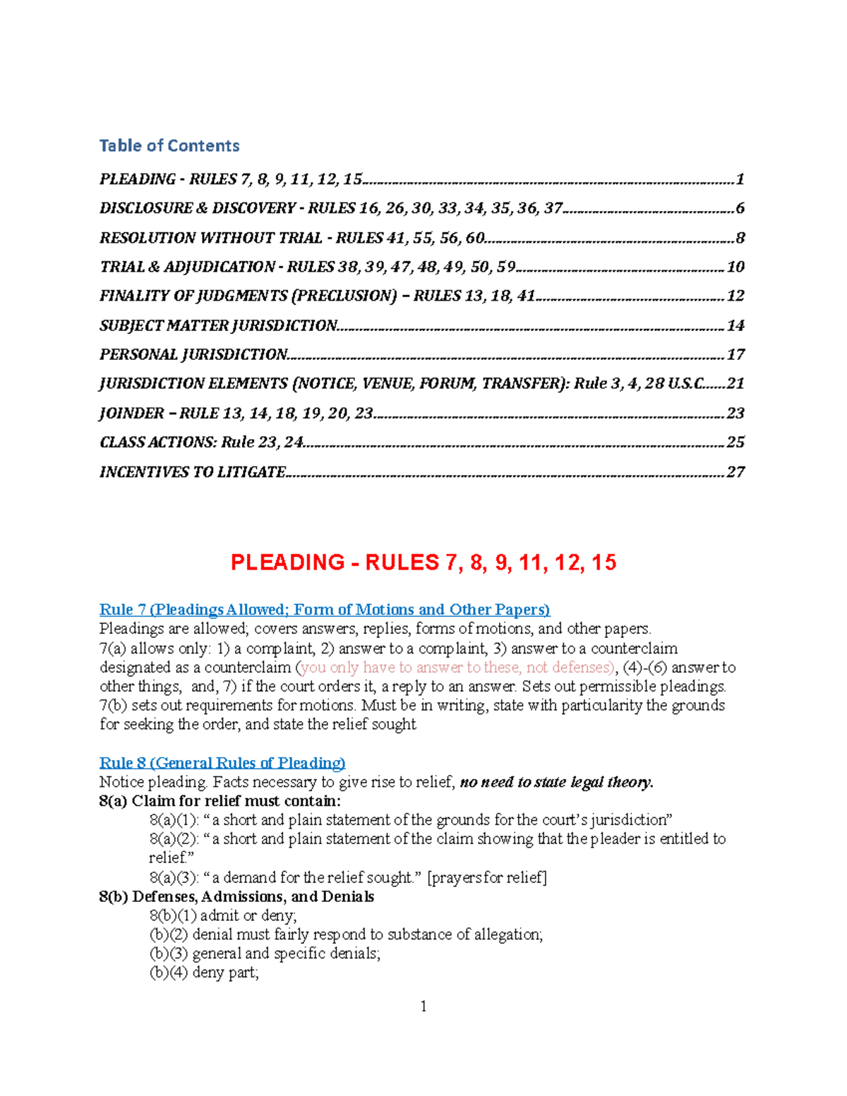 Outline Final civ pro - Table of Contents PLEADING - RULES 7, 8, 9, 11 ...