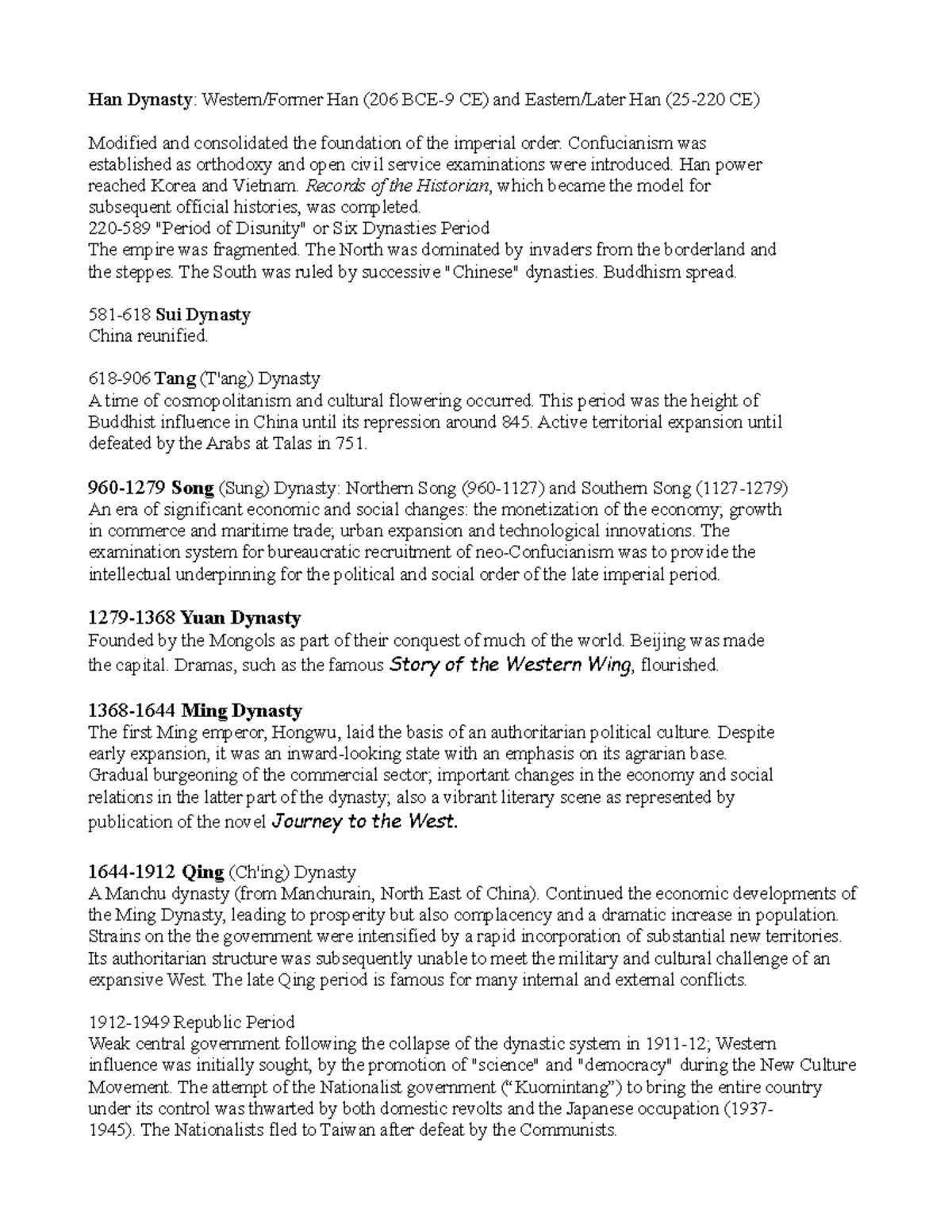 1 ap world History Outline of China yes - Han Dynasty: Western/Former ...