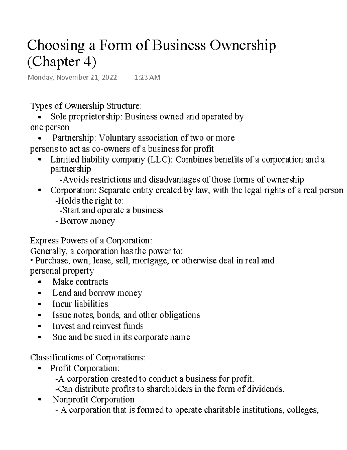 Choosing a Form of Business Ownership (Chapter 4) - Types of Ownership ...