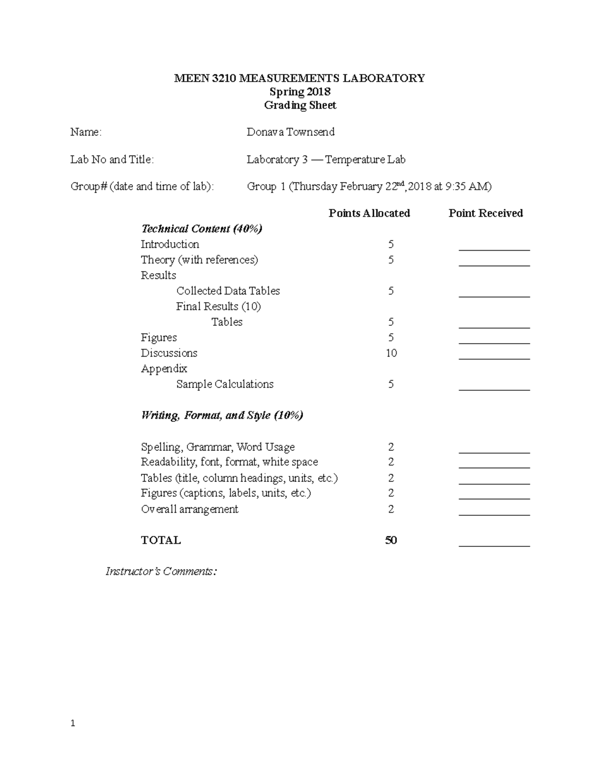 Temp. Lab report - Grade: A - MEEN 3210 MEASUREMENTS LABORATORY Spring ...