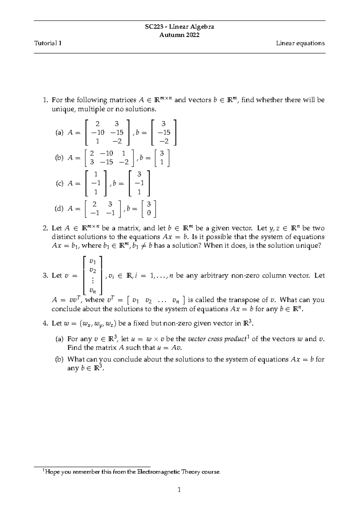 Tutorial 1 - LA - Problems - SC223 - Linear Algebra Autumn 2022 ...