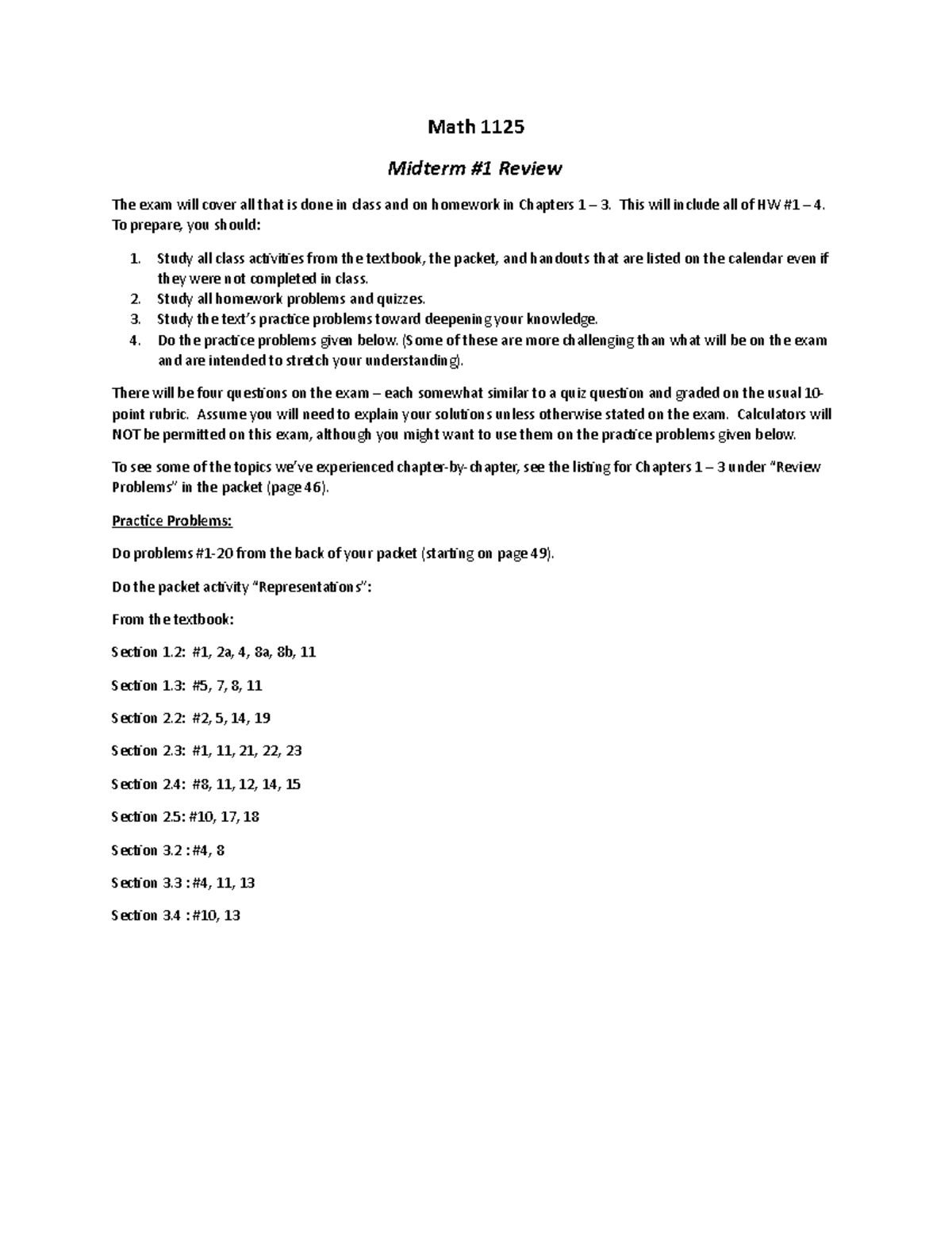 1125Midterm 1 Review - Math 1125 Midterm #1 Review The exam will cover ...
