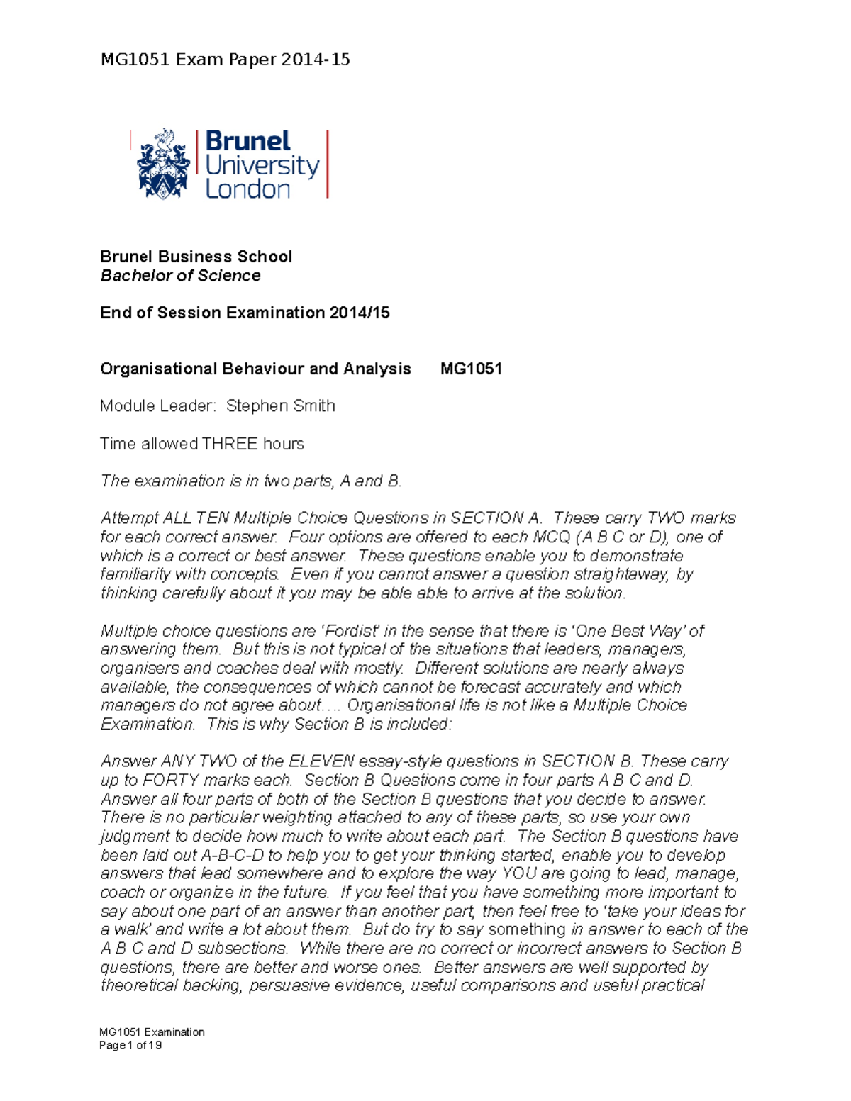 Exam papers - exam work for ul and extra questions below - Brunel ...