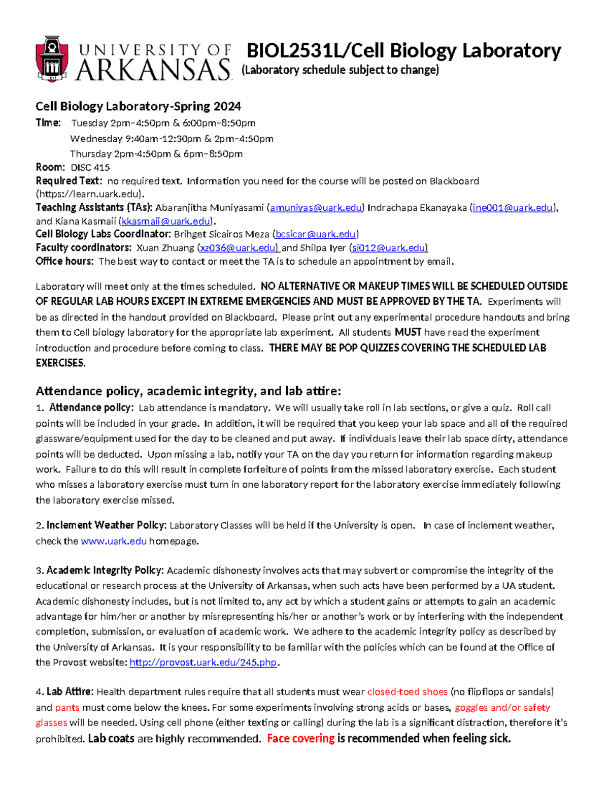 Cell Biology Lab Syllabus and Schedule-Spring 2024 - (Laboratory ...