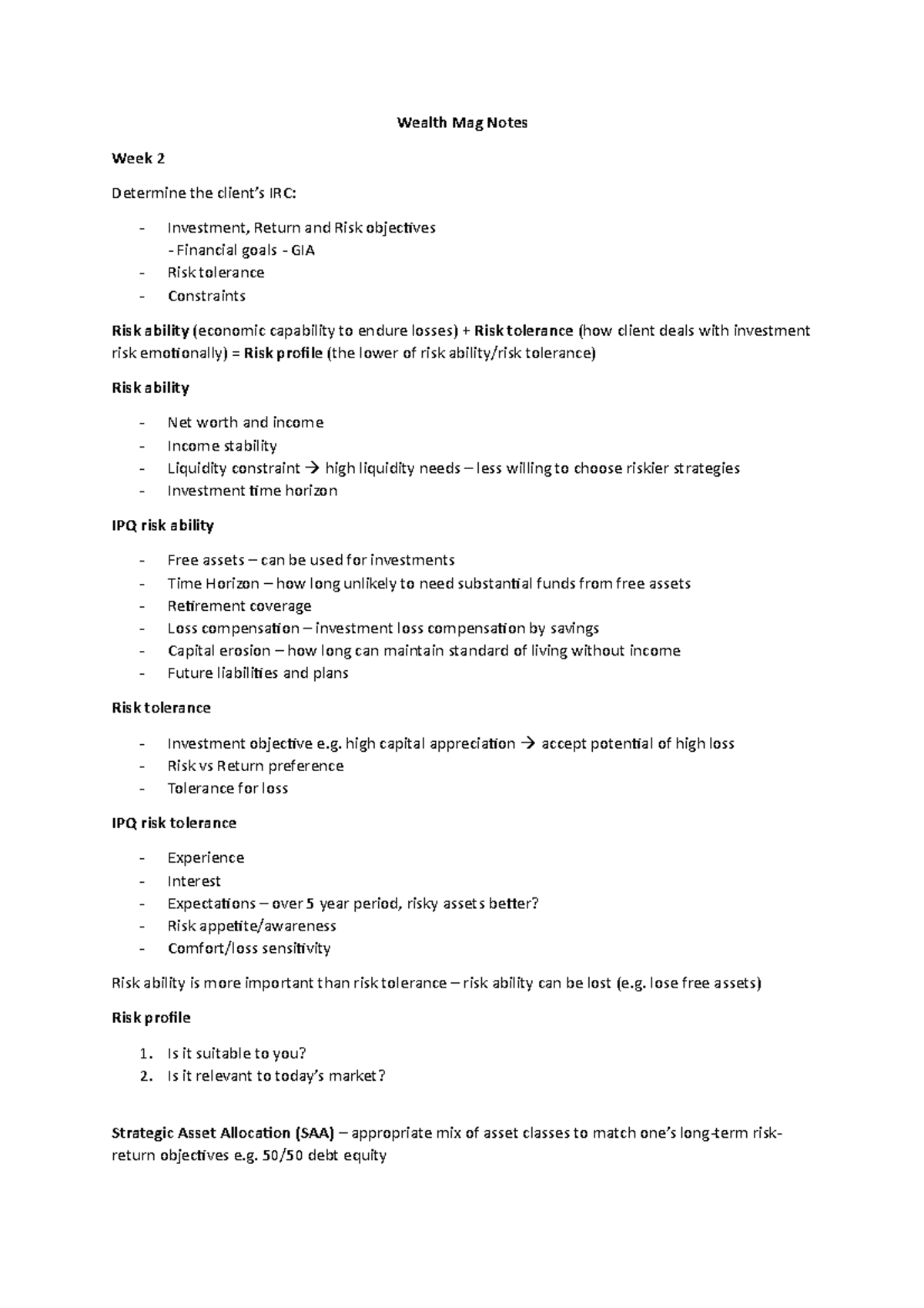 Wealth Mag Notes - Wealth Mag Notes Week 2 Determine the client’s IRC ...