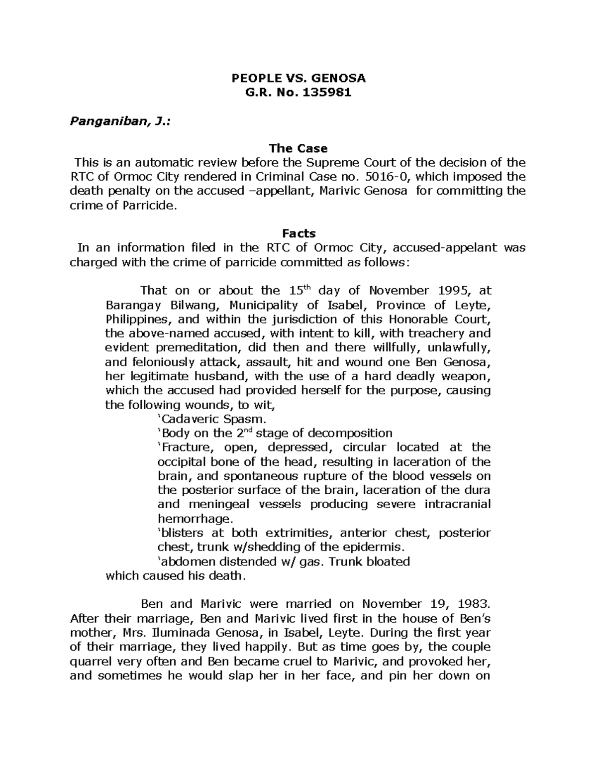 People VS Genosa digest - PEOPLE VS. GENOSA G. No. 135981 Panganiban, J ...