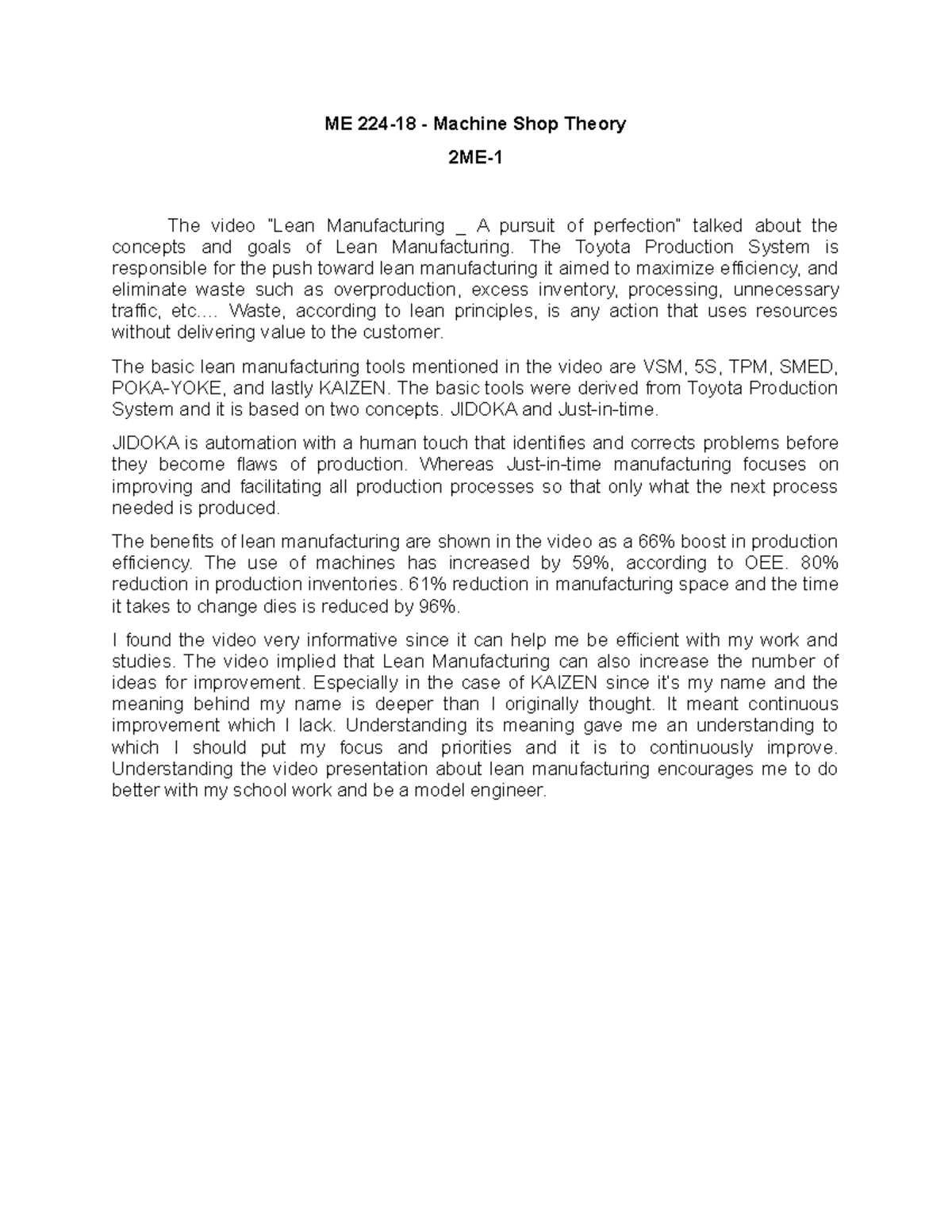 ME 224 - gdgdg - ME 224-18 - Machine Shop Theory 2ME- The video “Lean ...