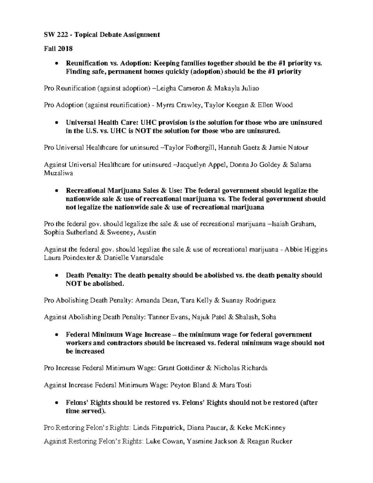 SW 222 - Topical Debate Assignment - SW Topical Debate Assignment Fall ...
