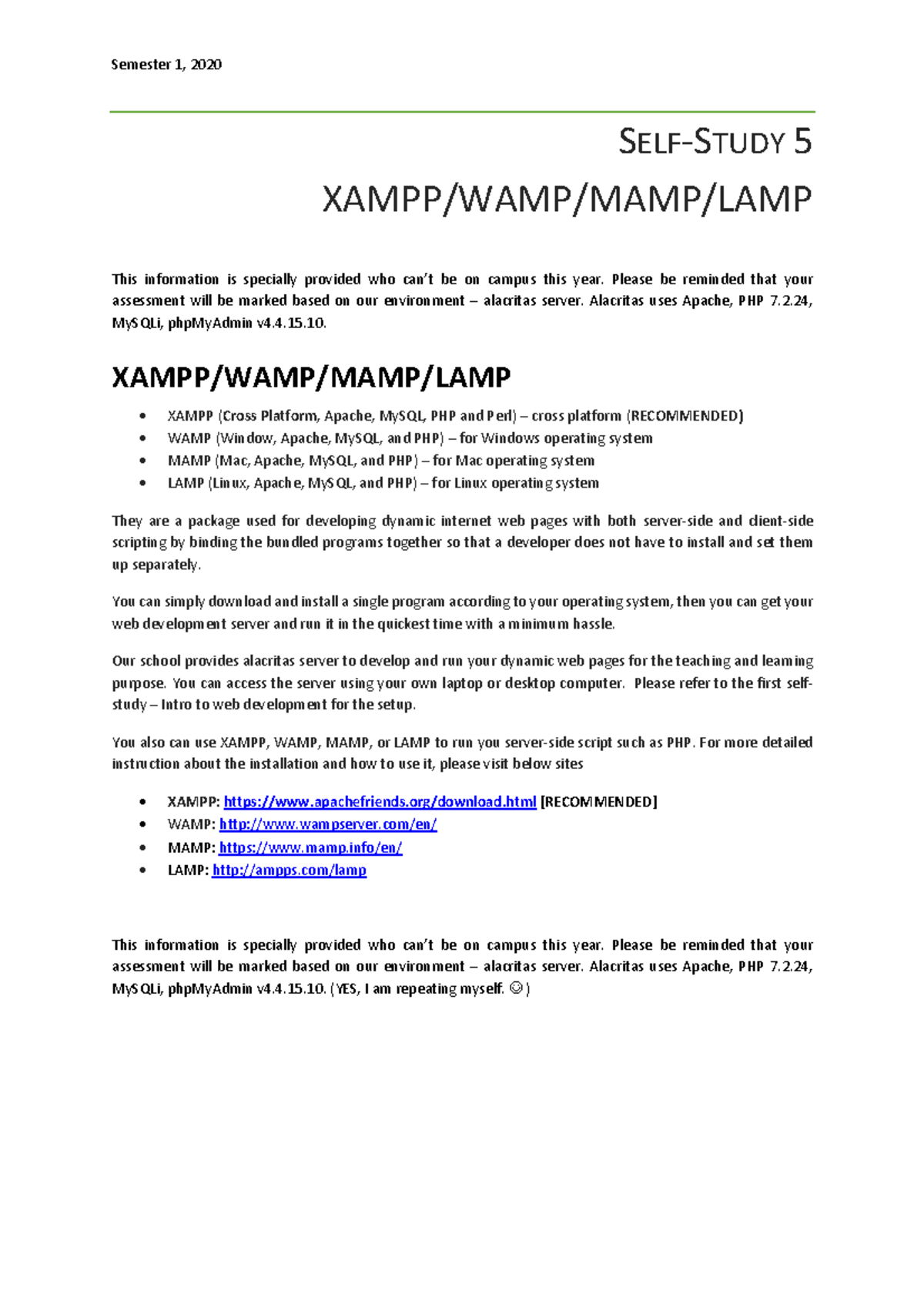 SS5 Xampp - KIT502 - Semester 1, 2020 SELF-STUDY 5 XAMPP/WAMP/MAMP/LAMP ...