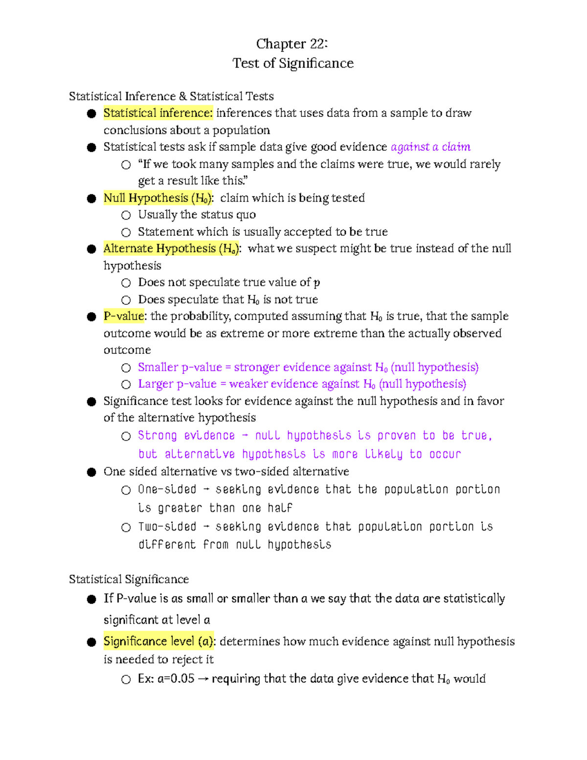 Stats 115 - CH22 - Chapter 22: Test of Significance Statistical ...