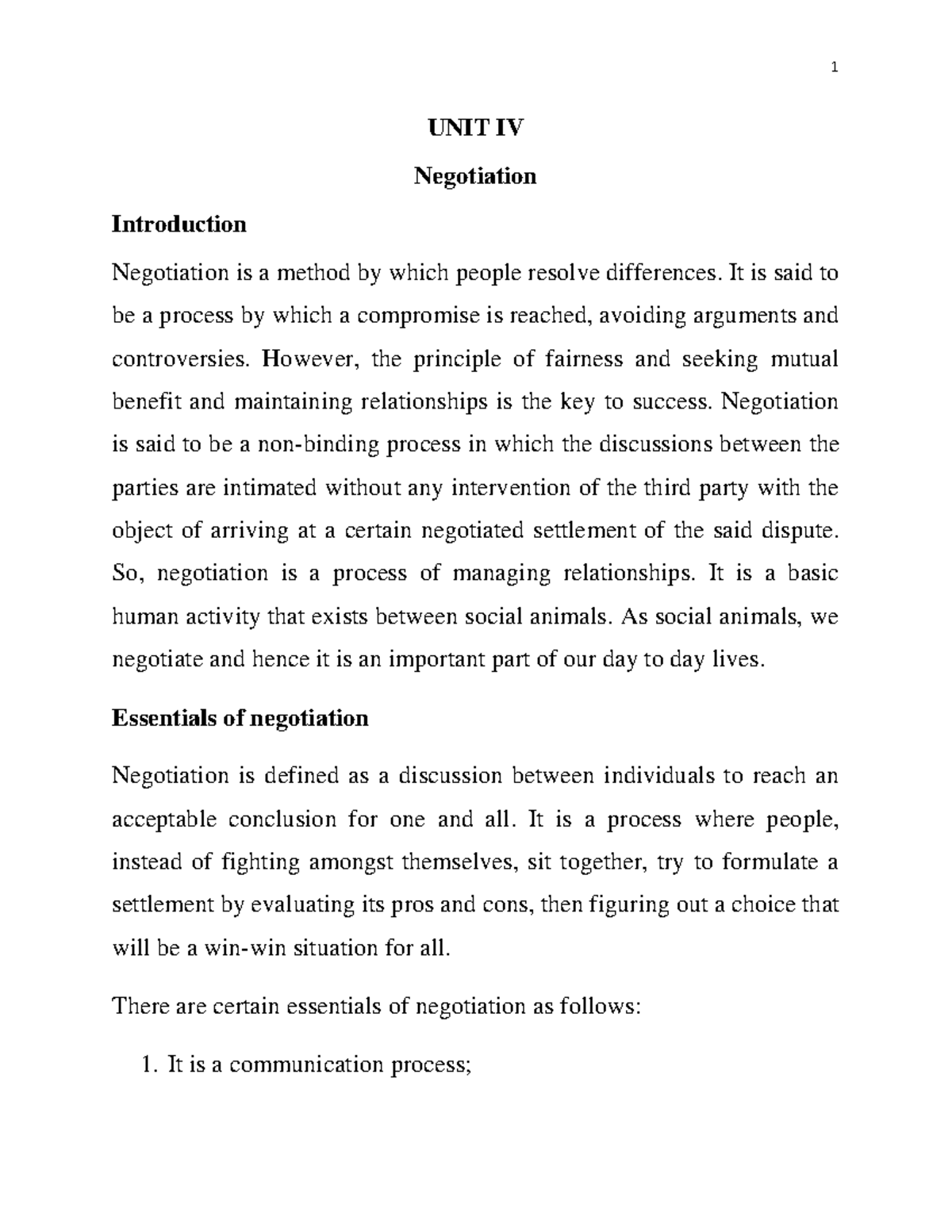 Negotiation - Simulation report - UNIT IV Negotiation Introduction ...