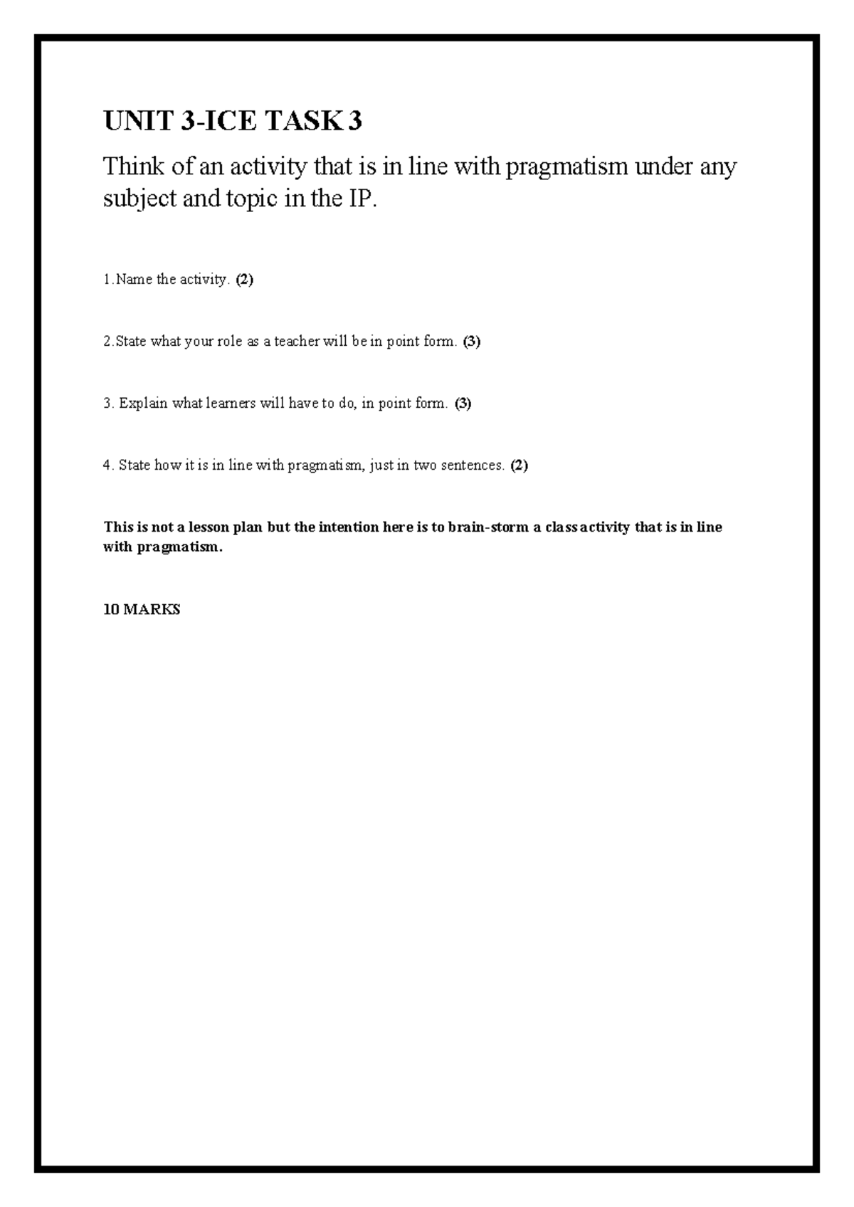 ICE TASK Three for - INER 7411 - UNIT 3-ICE TASK 3 Think of an activity ...