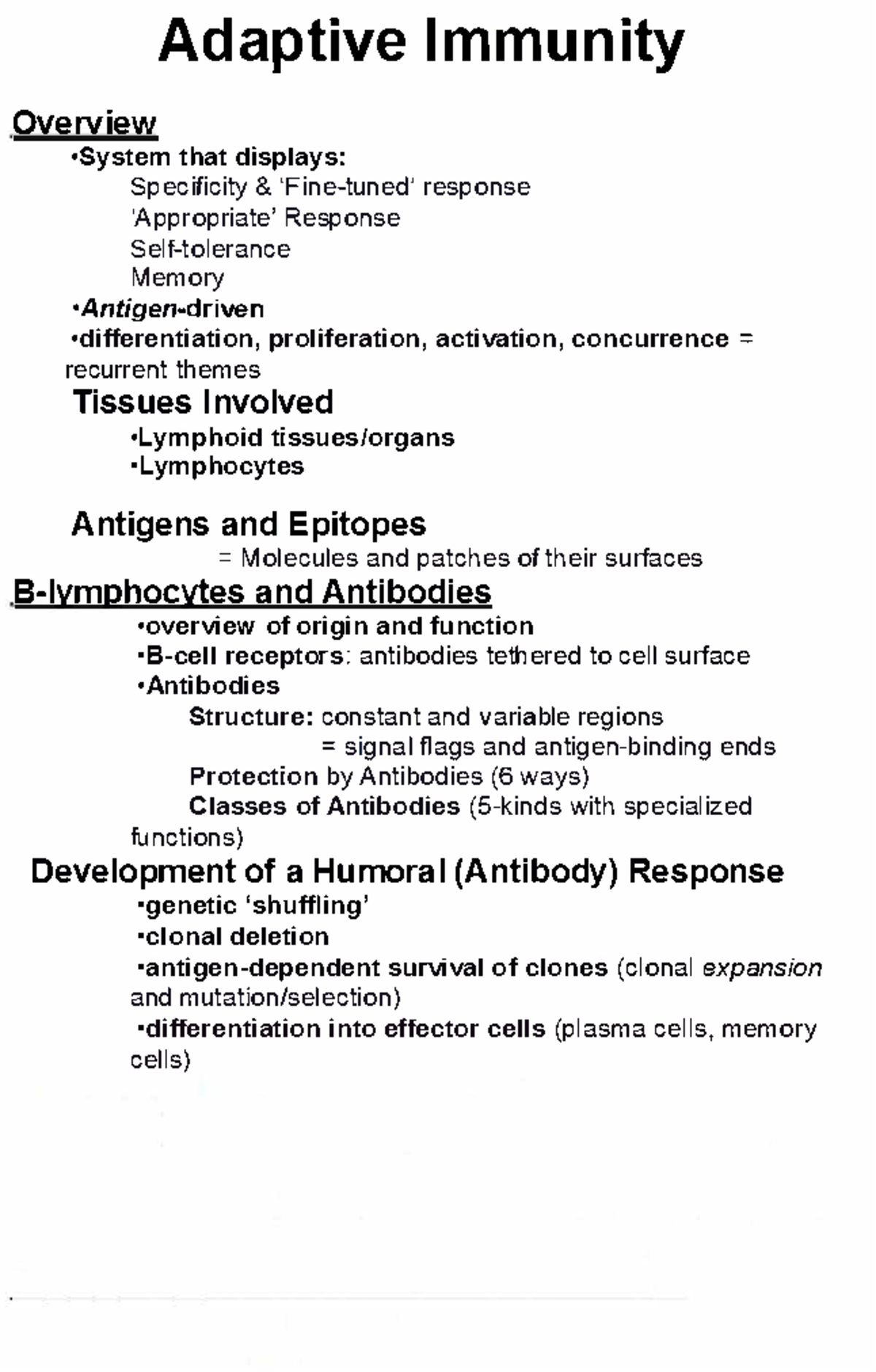 Adaptive immunity outline - Adaptive Immunity Overview •System that ...