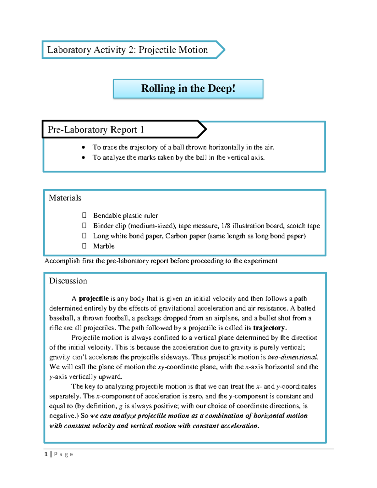 Experiment 2 Projectile Motion - Laboratory Activity 2: Projectile ...