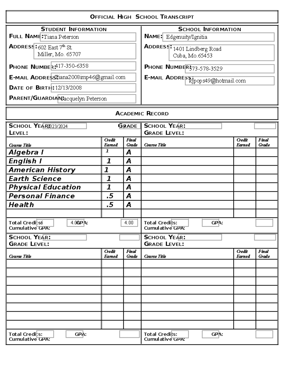 Tianna Peterson - OFFICIAL HIGH SCHOOL TRANSCRIPT STUDENT INFORMATION ...