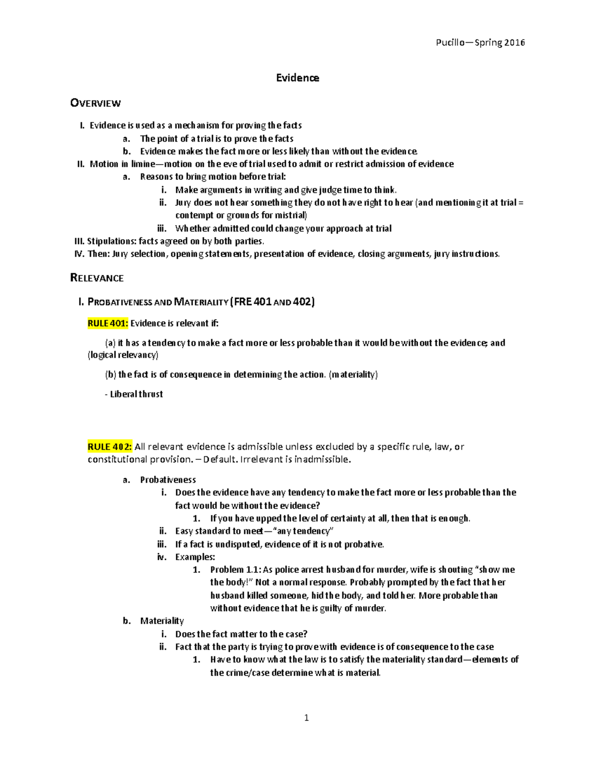 Evidence-professor pucillo-2016 outline - Evidence OVERVIEW I. Evidence ...