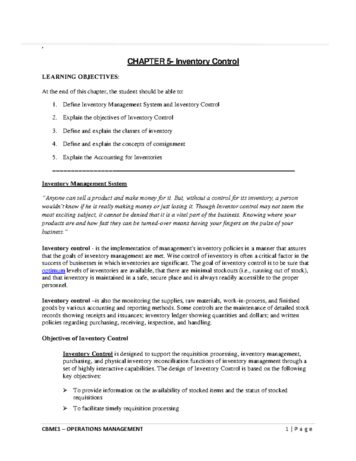Chapter 5 Inventory Control - , CHAPTER 5 - Inventory Control LEARNING ...
