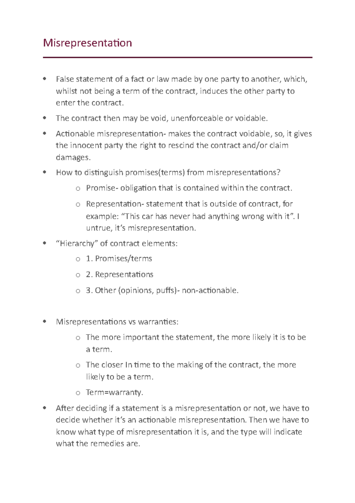 Misrepresentation pt 1 - Misrepresentation False statement of a fact or ...