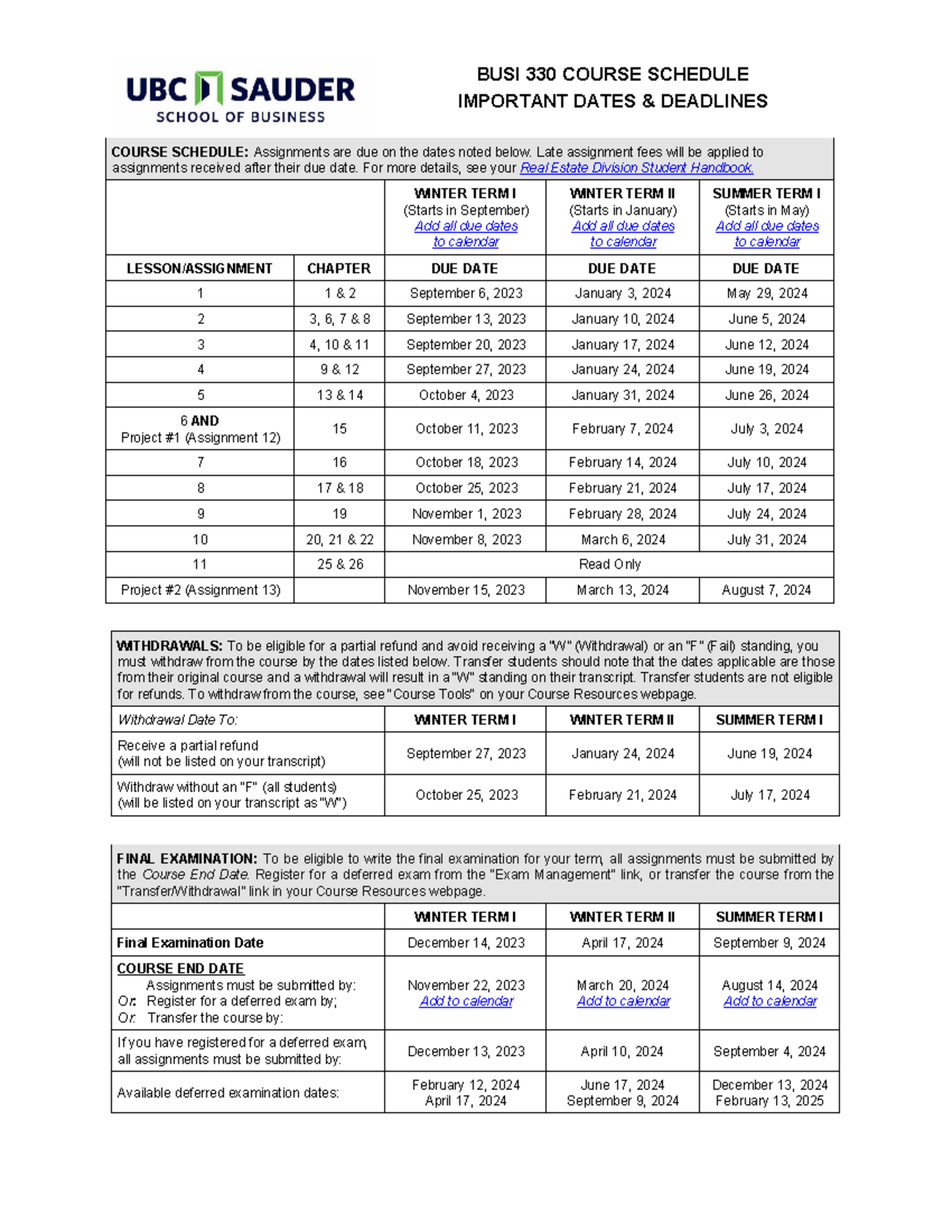 BUSI 330 DUE Dates - BUSI 330 COURSE SCHEDULE IMPORTANT DATES ...