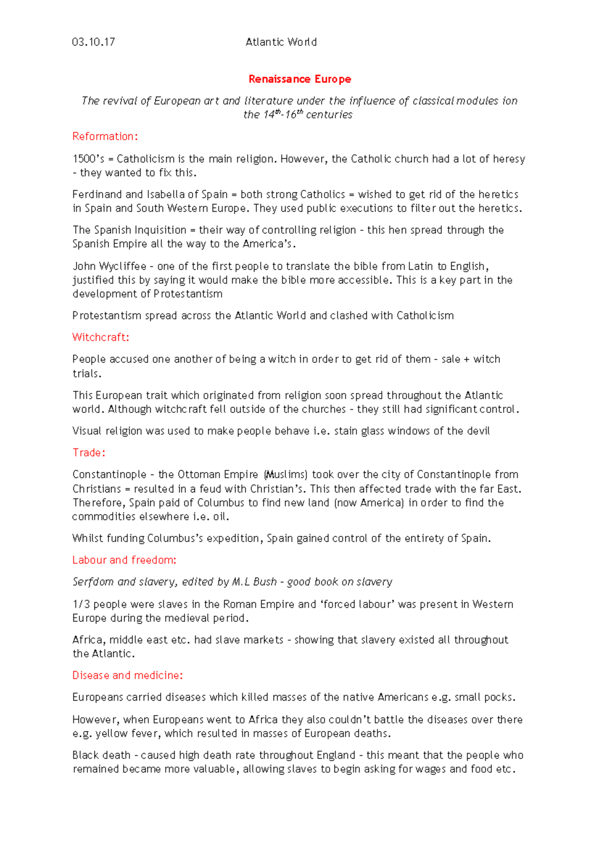 2- Renaissance - Lecture notes - 03.10 Atlantic World Renaissance ...