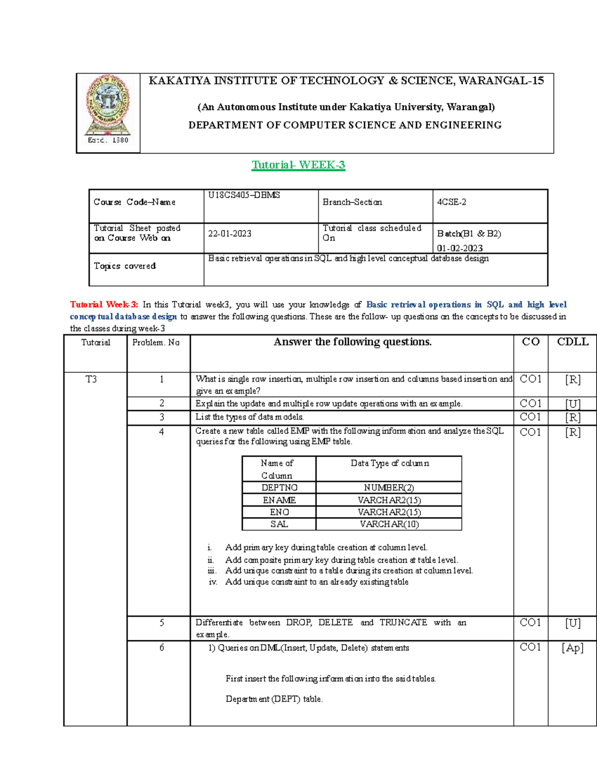 Dbms 4cse2 T3 Database Management System Important Tutorial Tutorial Week Course Codename