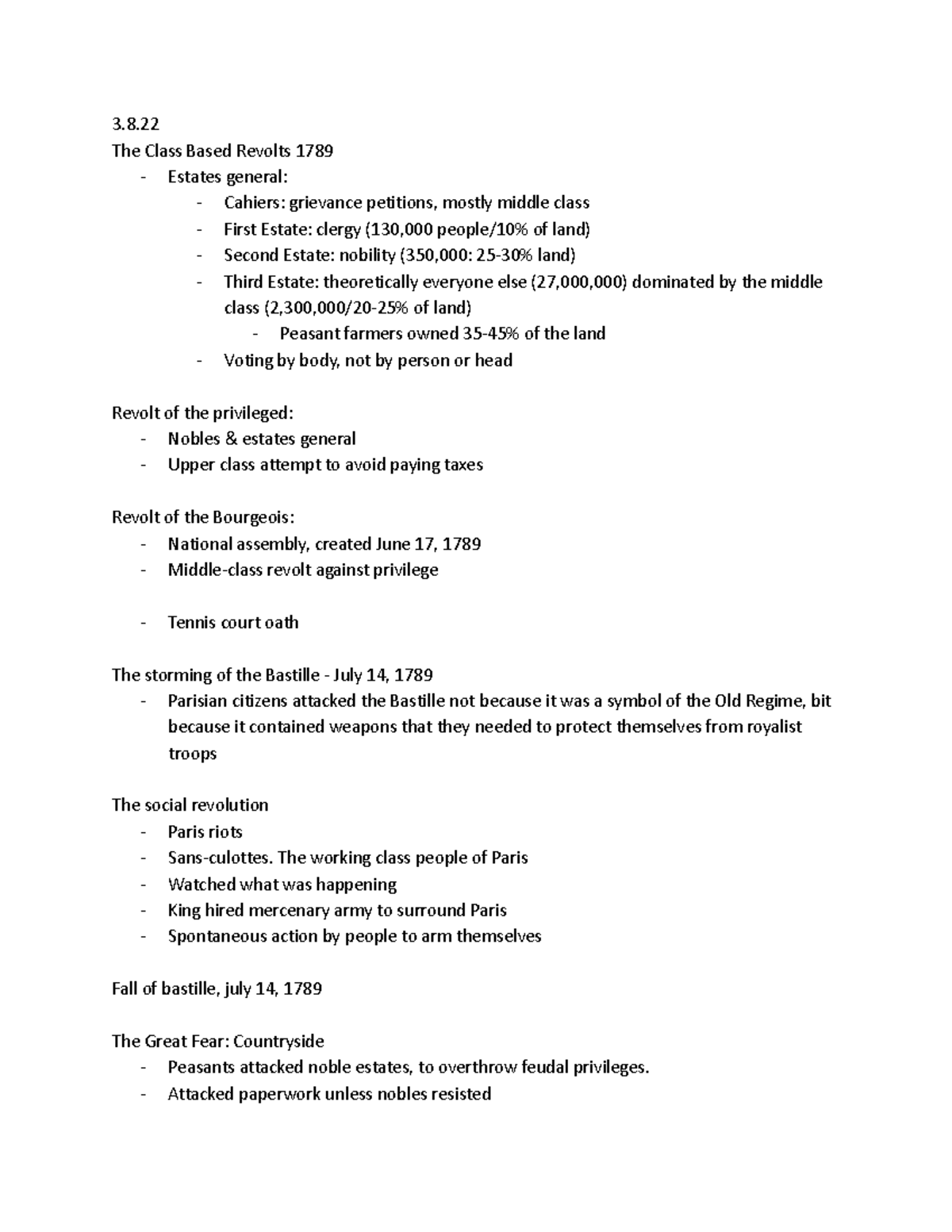 HIST 101 lecture notes - 2nd half - 3. The Class Based Revolts 1789 ...